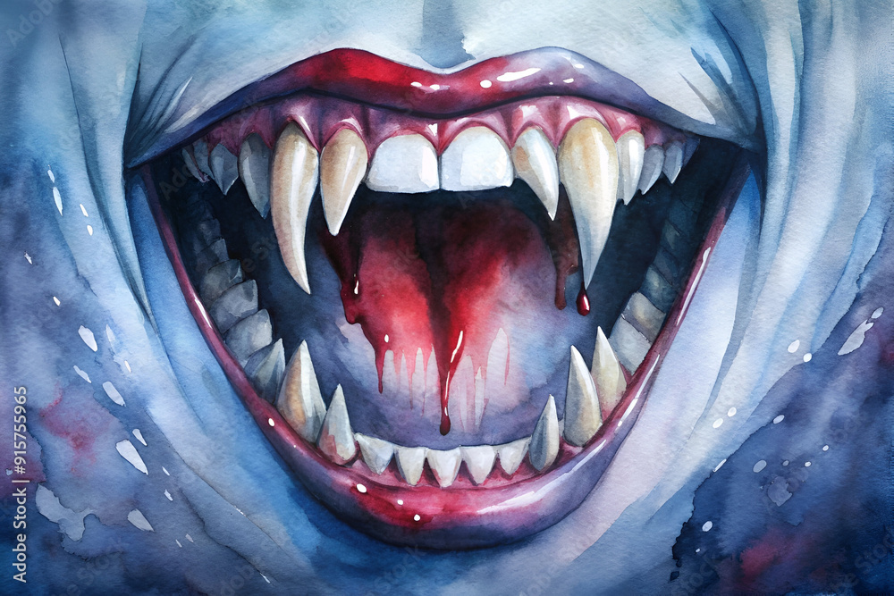 A painting of a vampire's mouth with red paint on it. The mouth is open ...