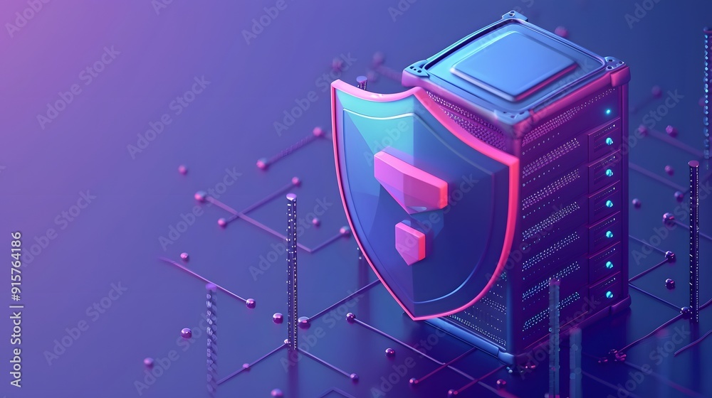 Abstract digital security concept with a 3D server tower, shield icon ...