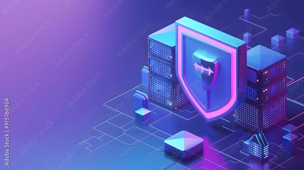 Cybersecurity concept with servers and shield icon depicting network ...
