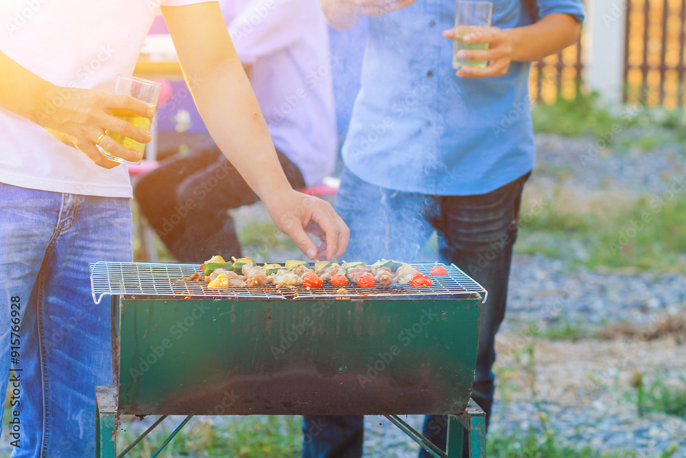Blurred images ,Barbecue party (BBQ) After work to celebrate the ...