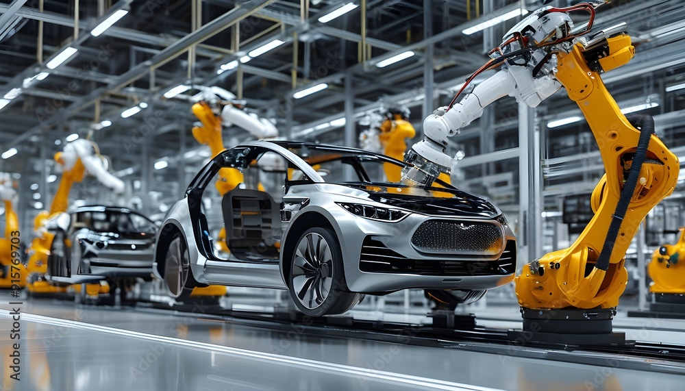 Automated robots in modern factories are assembling electric vehicles, demonstrating industrial ...