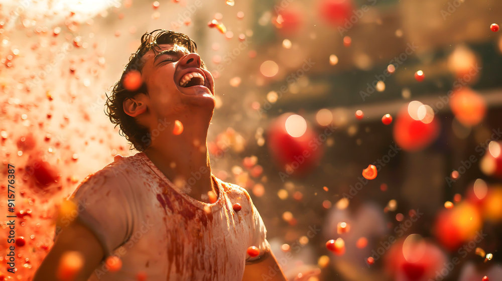 A young man enjoying La Tomatina festival with tomatoes thrown ...