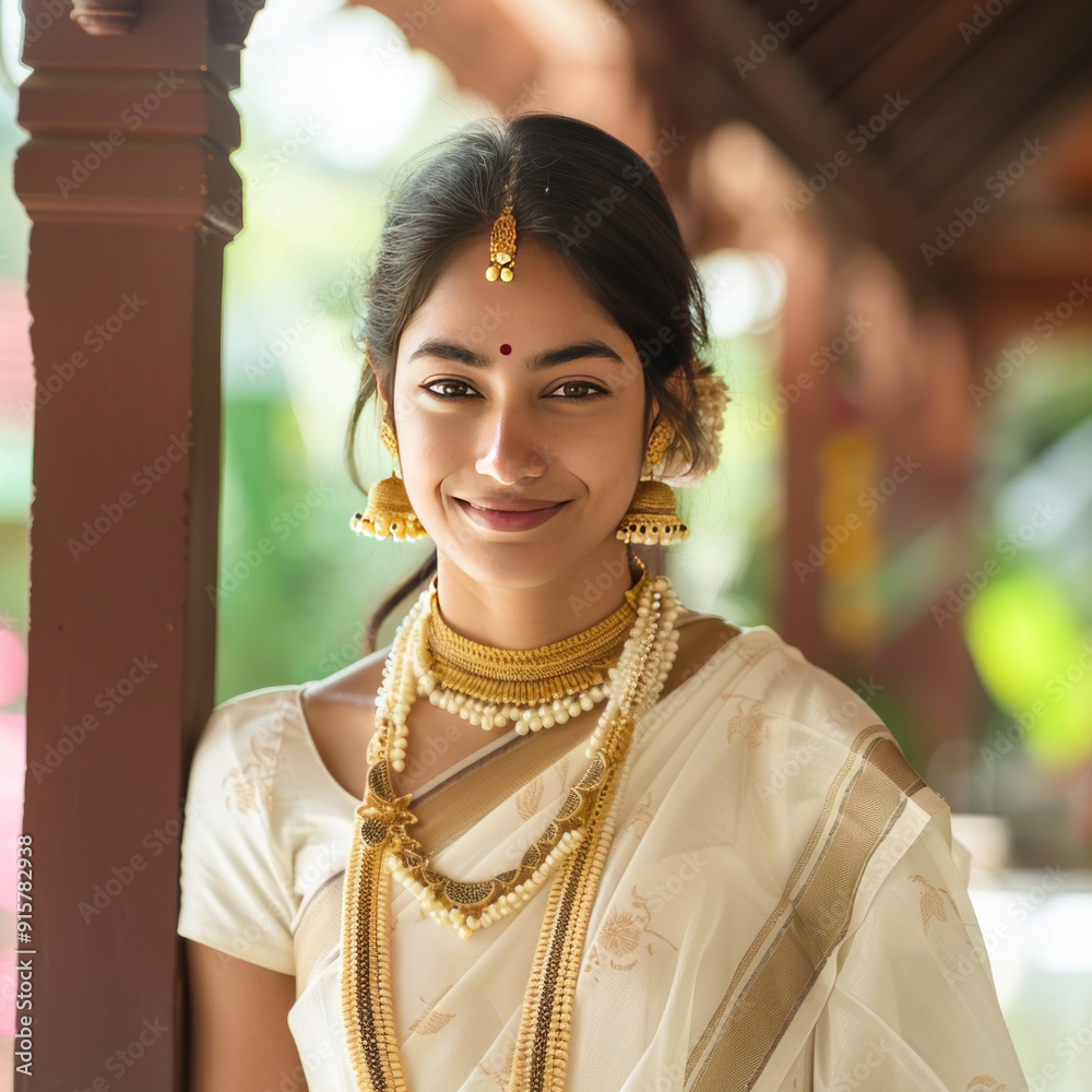 young beautiful south indian woman in white color traditional saree ...