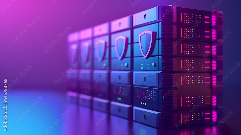 Row of secure server racks illuminated by purple and blue lights in a ...