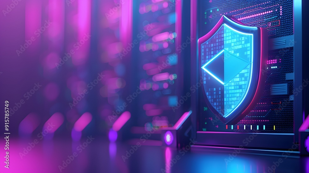 Server racks with cybersecurity shield icon, glowing in pink and blue ...