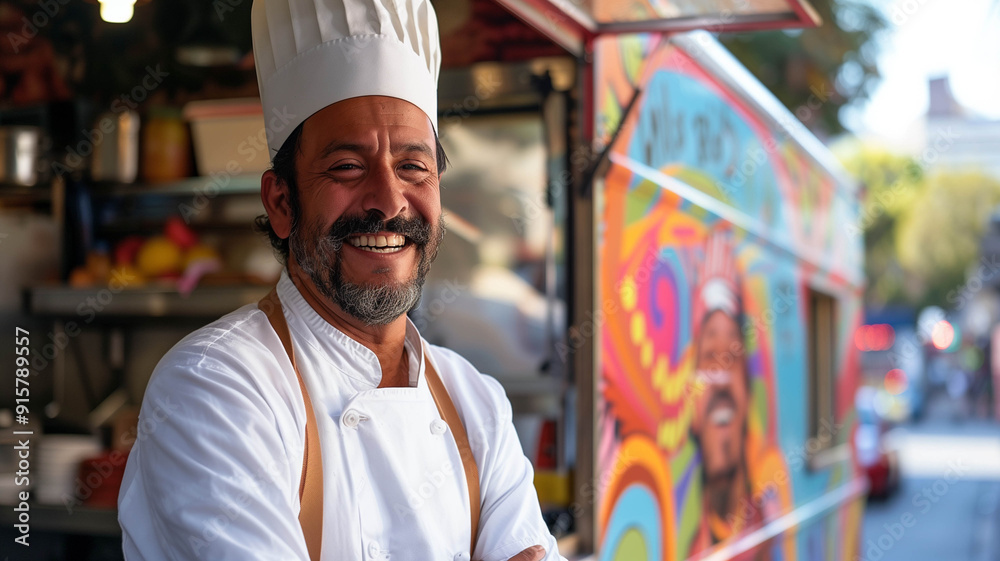 A joyful Latin chef in a traditional chef's hat, smiling broadly in ...