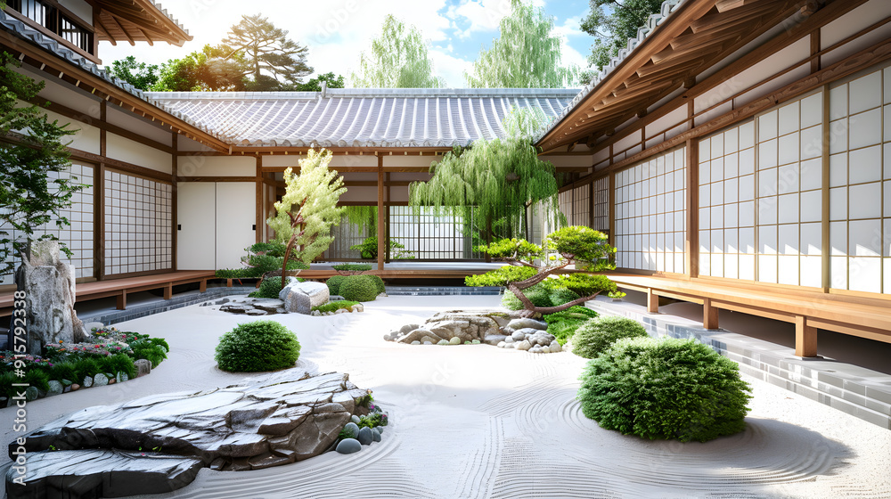 Traditional Japanese zen garden with raked gravel and a stone ...