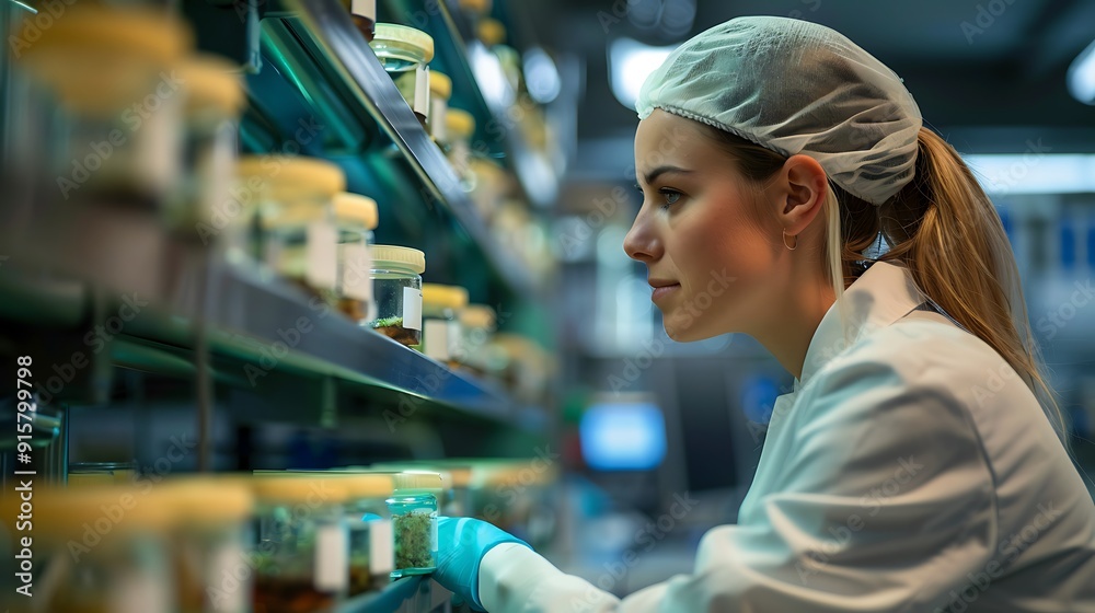 A scientist in a modern lab, observing bacteria cultures with an ...