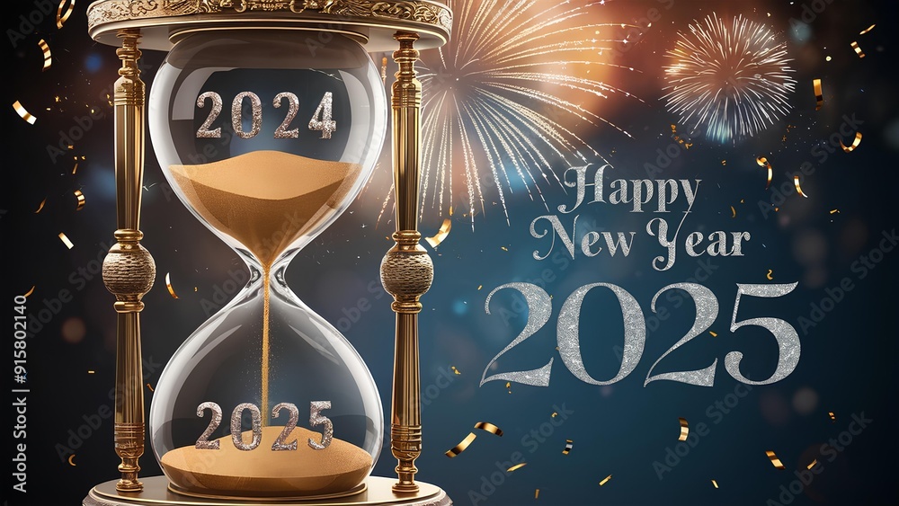 Elegant Hourglass Transitioning from 2024 to 2025 with Fireworks and ...