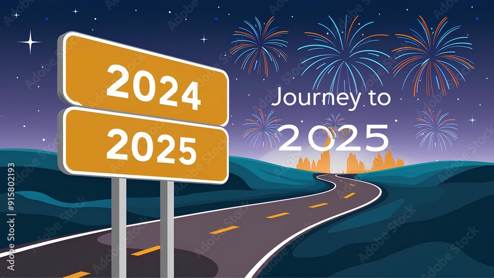 Road signs marking the transition from 2024 to 2025 on a winding road ...