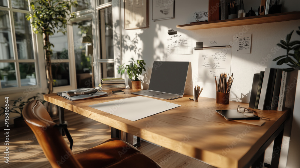 Busy work desk studying situation with laptop, notebook, computer, A4 ...