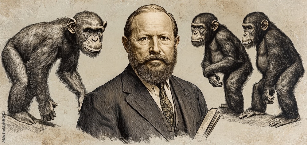 "The Descent of Man" - A Detailed Ink Illustration Featuring Darwin and ...