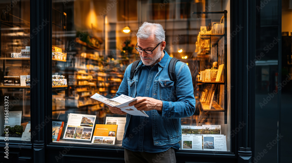 Older man with gray hair and glasses reading a brochure in front of a ...