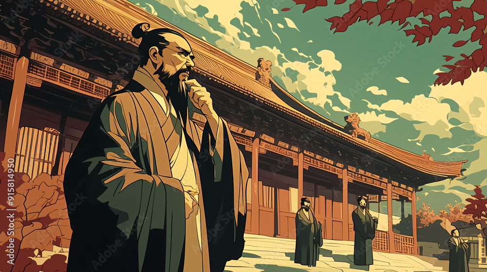 Confucius, depicted in a vintage comic book style with bold lines ...