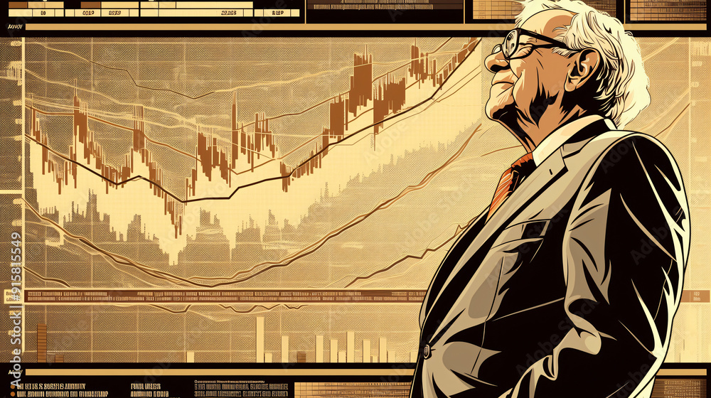 Warren Buffett, depicted in a vintage comic book style with bold lines ...
