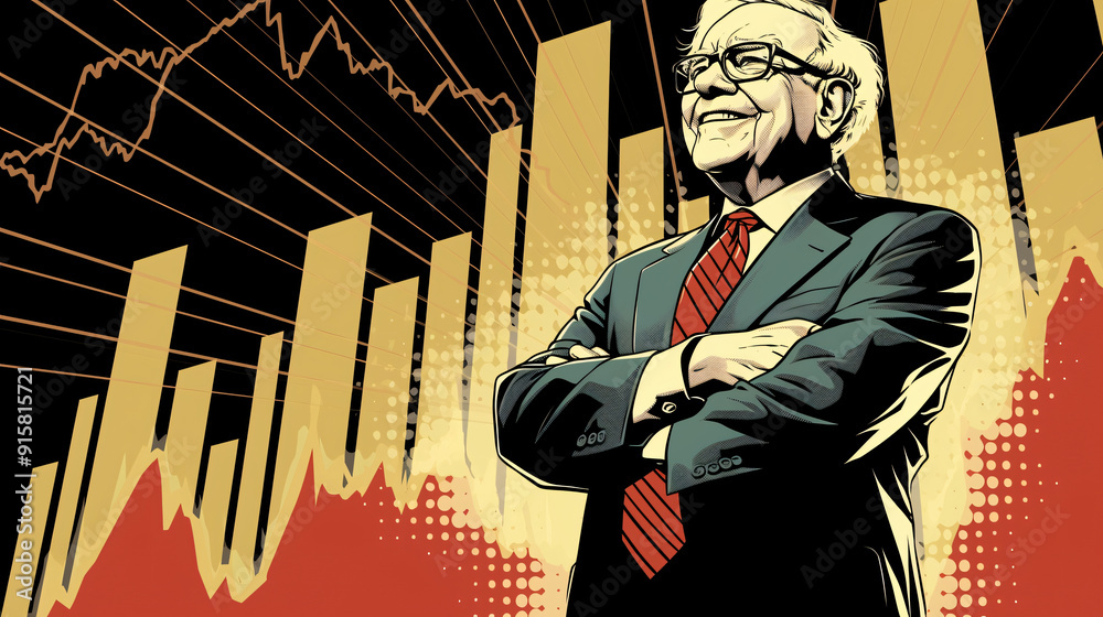 Warren Buffett, depicted in a vintage comic book style with bold lines ...