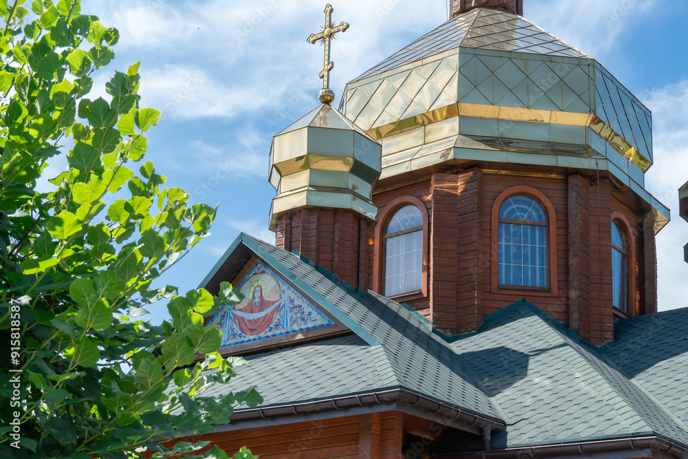 Wooden church with golden domes and place religion of orthodox ...