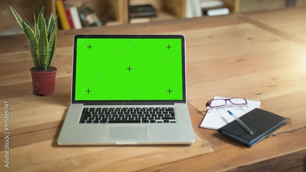 Laptop Computer Monitor Standing on a Desk with a Green Screen ...