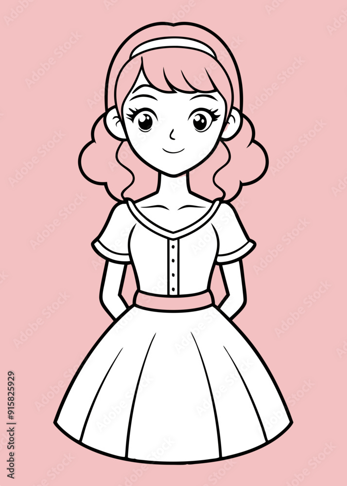 Coloring page for kids, no color, well outlined, white background, girl ...