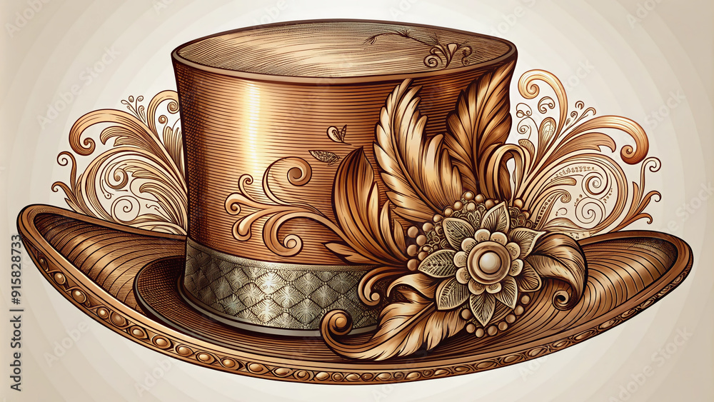 Ornate copperplate-style illustration of a traditional top hat adorned ...