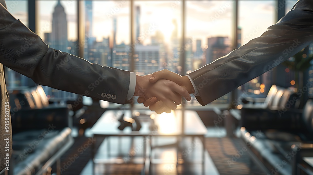 An elegant photo of a job interview handshake in a sleek office, with ...