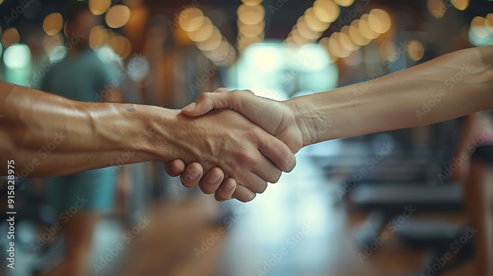 A close-up shot of a handshake between a fitness trainer and a client ...