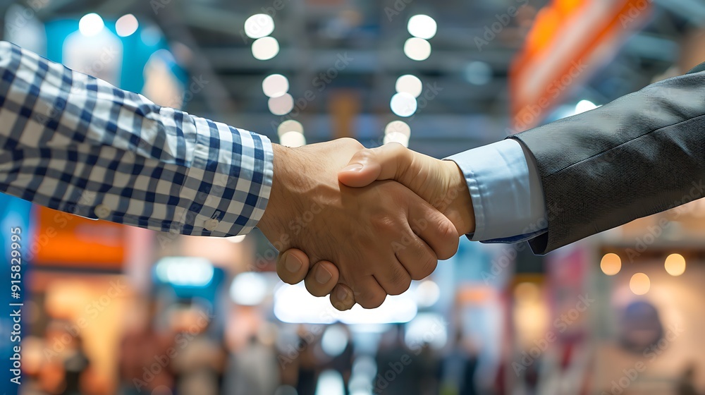 A detailed image of a handshake in a large trade show hall with various ...