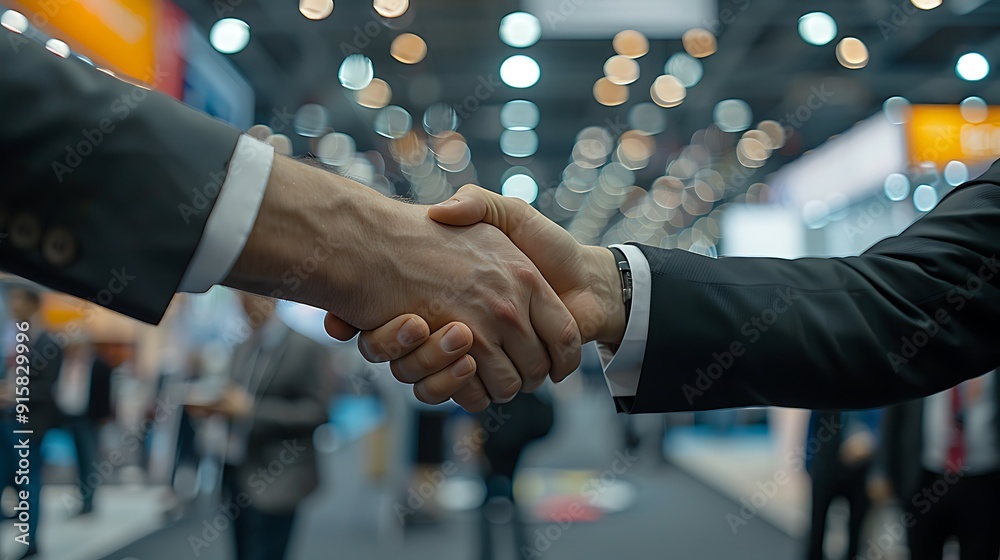 A detailed image of a handshake in a large trade show hall with various ...