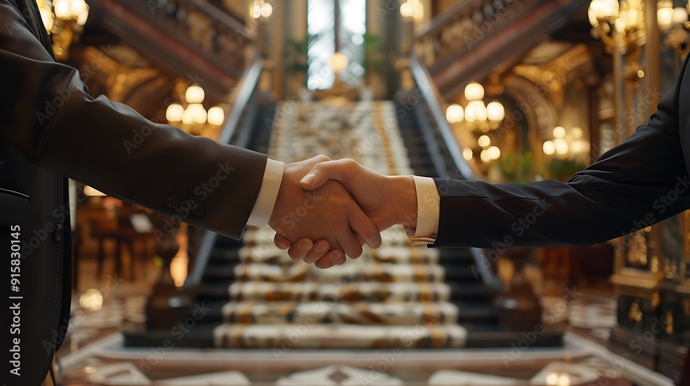 A detailed image of a handshake in an elegant hotel lobby with a grand ...
