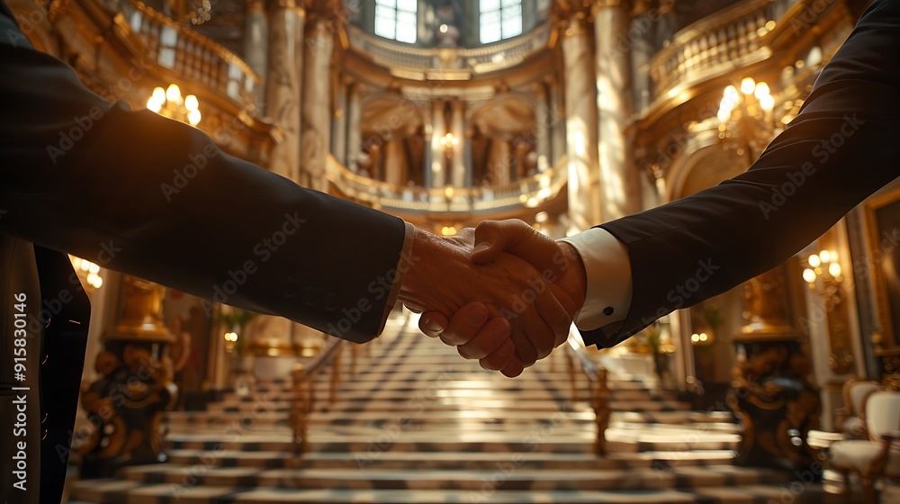 A detailed image of a handshake in an elegant hotel lobby with a grand ...