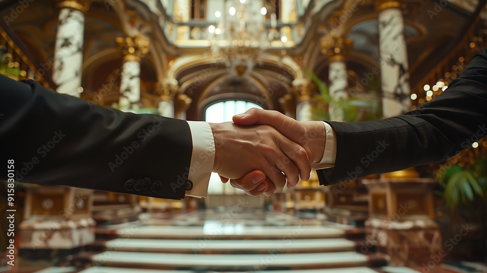 A detailed image of a handshake in an elegant hotel lobby with a grand ...