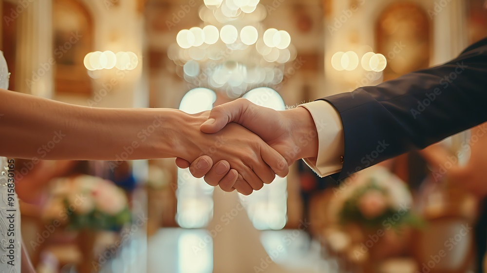A detailed image of a handshake in an elegant wedding reception hall ...