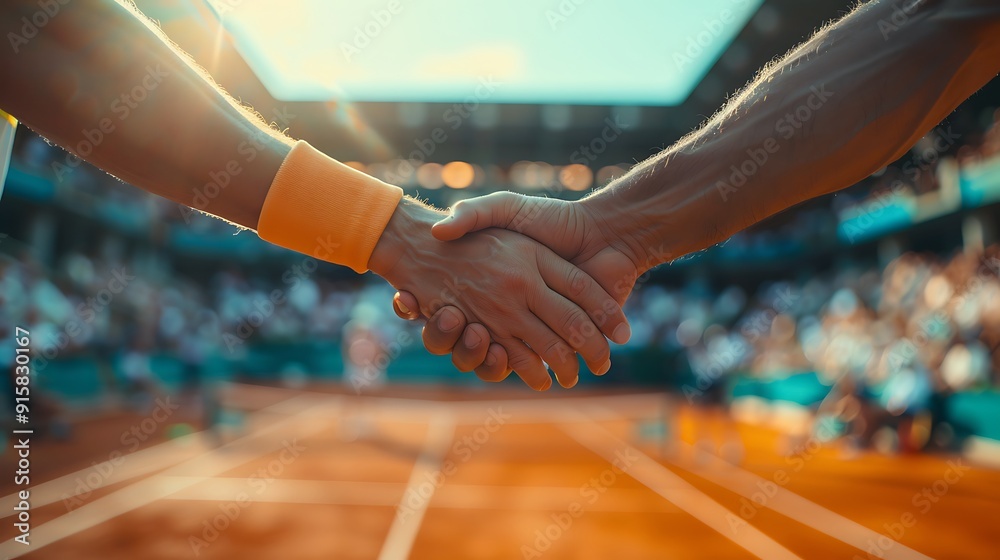 A detailed image of a handshake on a tennis court with a panoramic view ...
