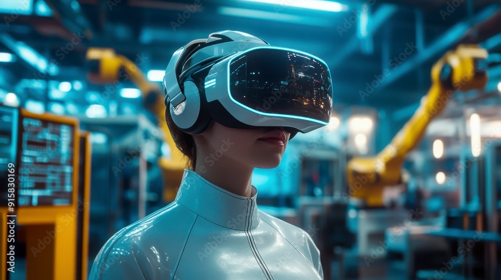 Engineer in a white VR headset at a high-tech factory. The future of ...