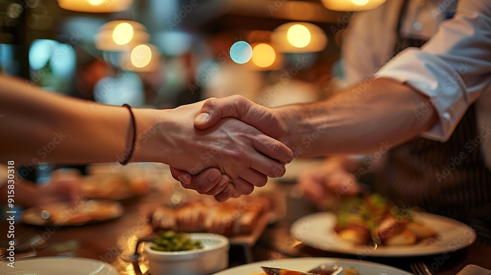 A detailed photo of a handshake between a chef and a guest in a lively ...