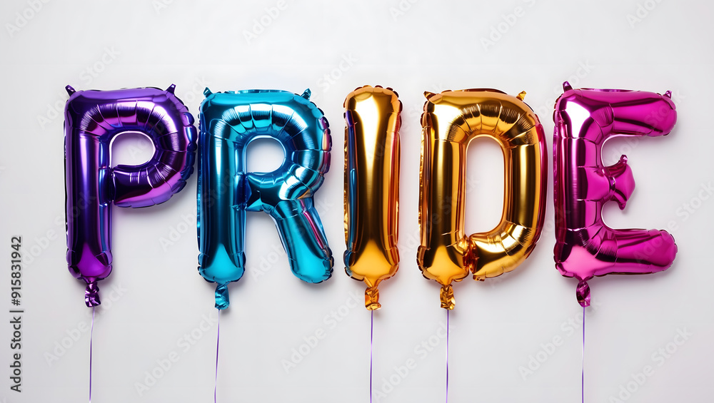 Vibrant Foil Balloons Forming 'PRIDE' Text on a light gray background ...