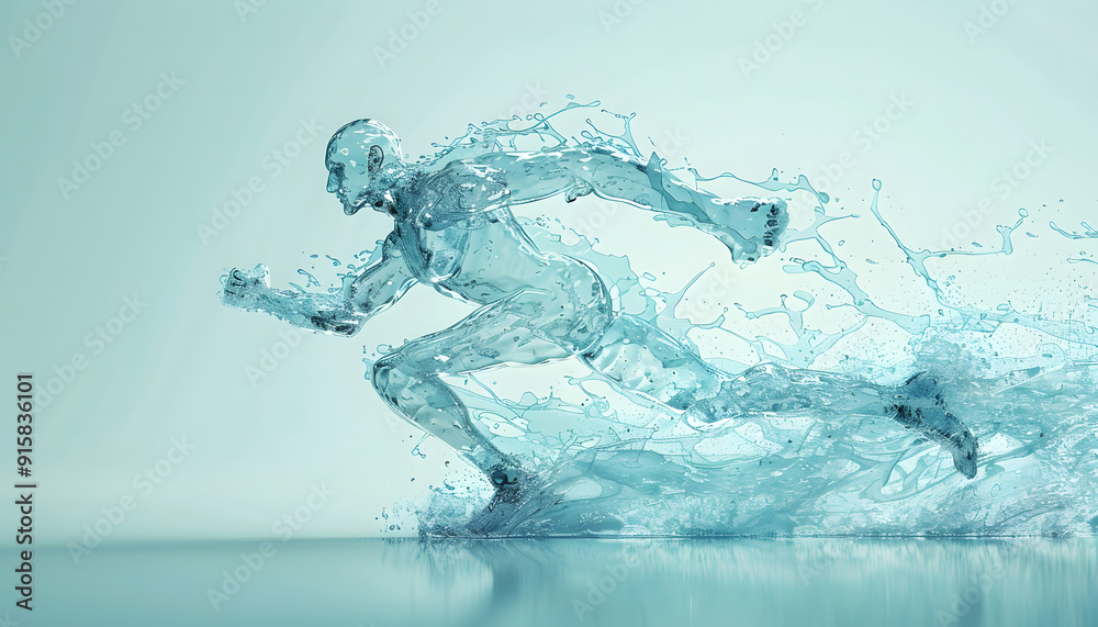 The human body shape of a running man filled with blue water on a blue ...