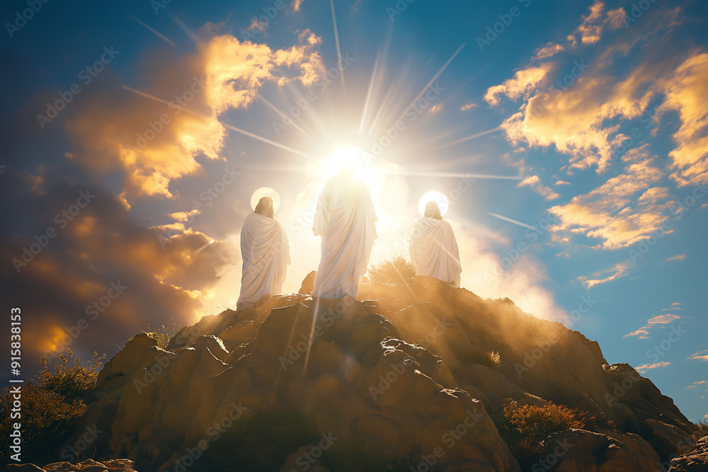 Jesus' transfiguration with glowing halos on a mountaintop, accompanied ...