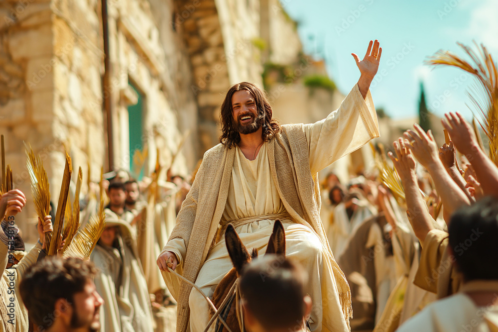 Jesus riding a donkey during his triumphal entry into Jerusalem ...