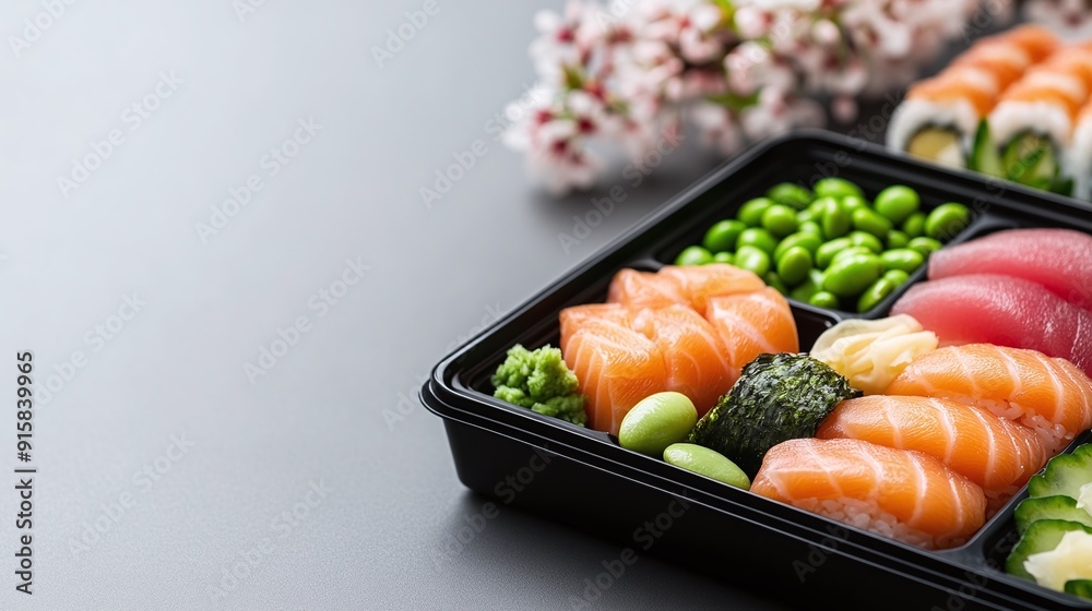 Fresh sushi bento box with assorted sashimi, nigiri, and edamame on a ...