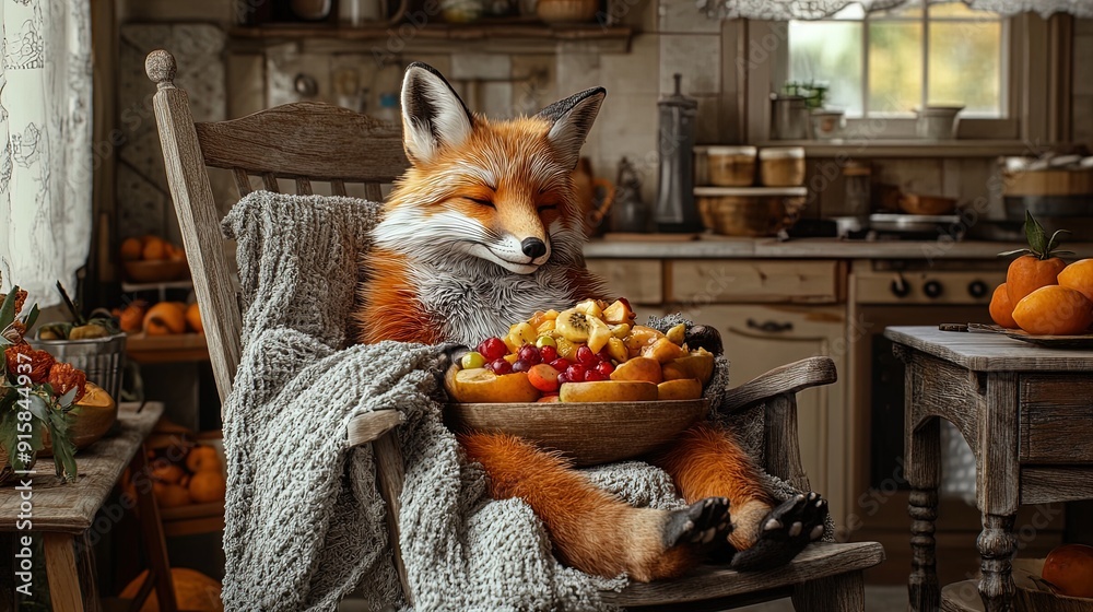 Whimsical Fox on Vintage Rocking Chair with Cozy Blanket: Perfect ...