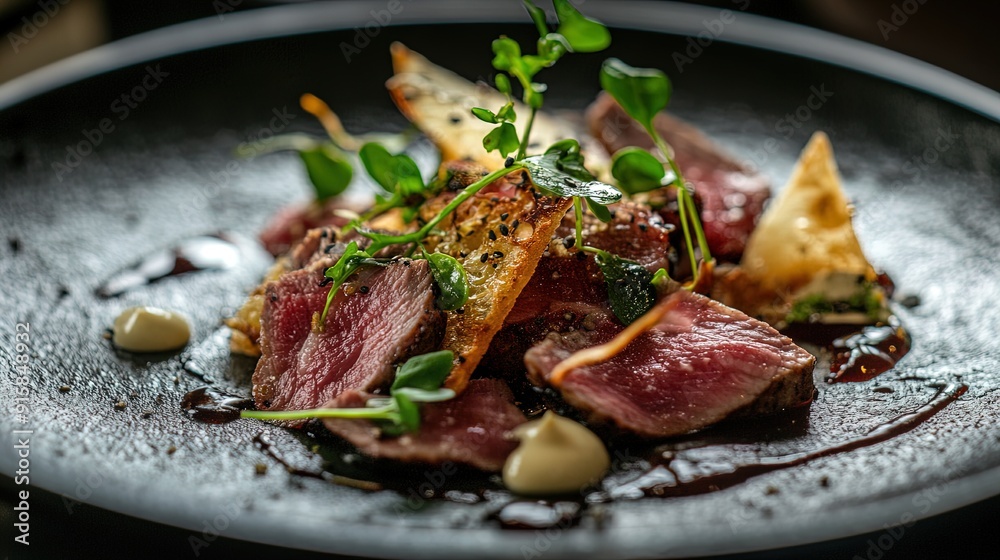 Elegant Gourmet Plating: Visual Delight of Meat and Herbs on Dramatic ...