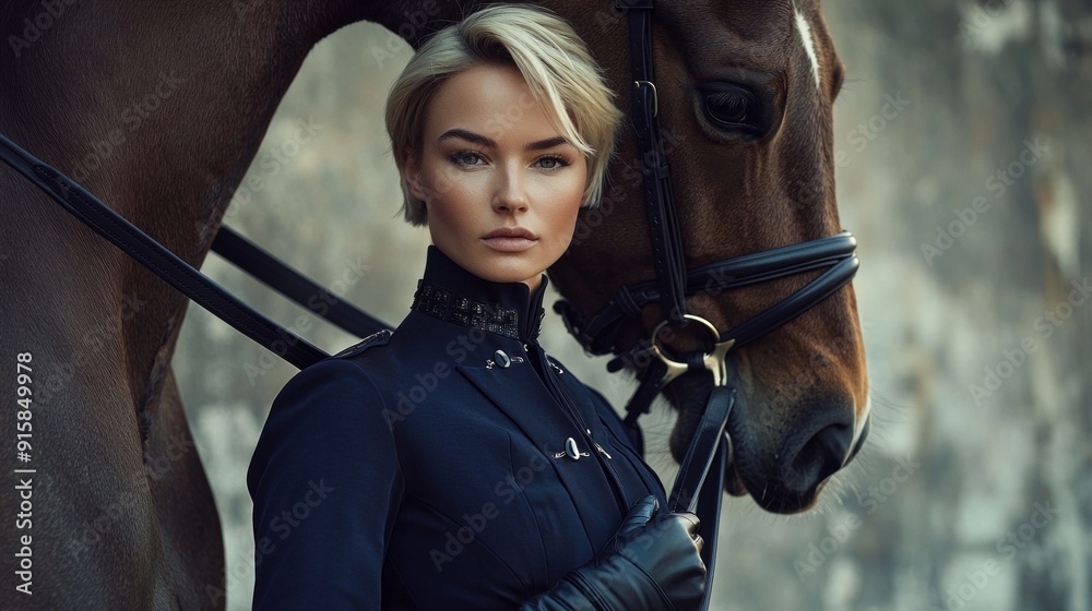 blonde woman with short hair, sporty figure, 37 years old, in a dark ...