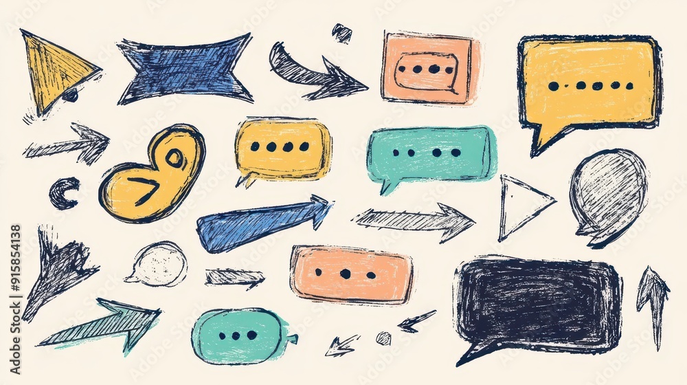 handdrawn design elements arrows speech bubbles and punctuation marks ...