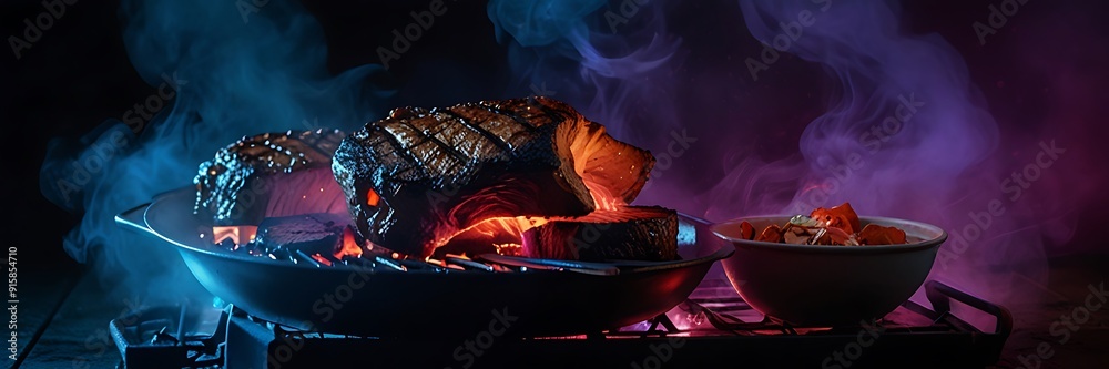 grilled beef steak on a dark background. traditional smoked barbecue ...