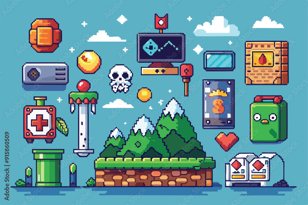This artwork showcases various pixel art design elements ideal for game ...