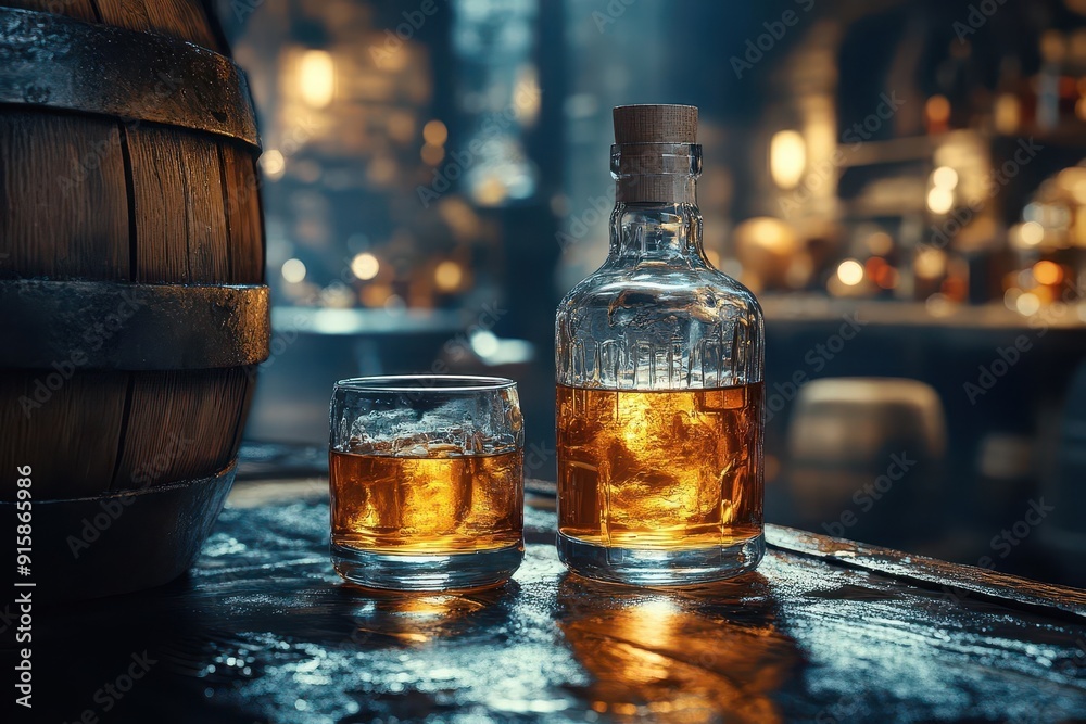 rich amber whiskey scene bottle glass and aged barrel dark wood ...