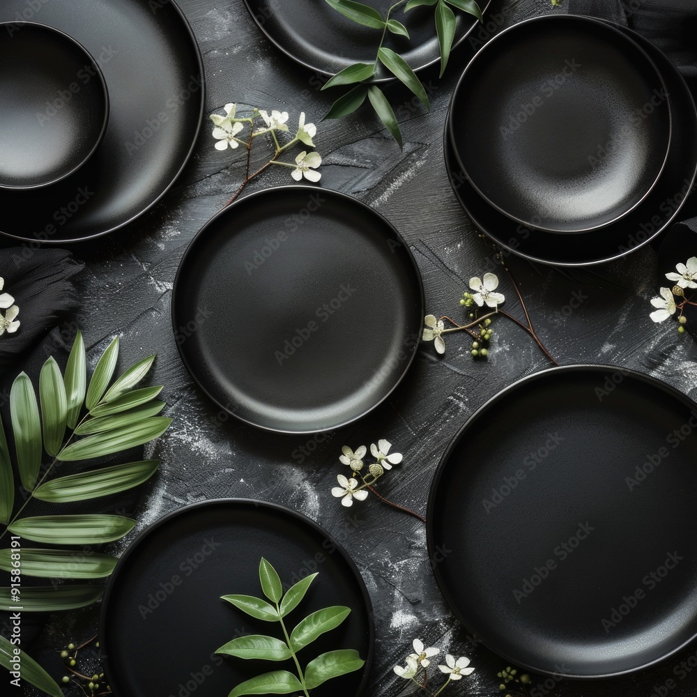 Elegant black ceramic plates arranged alongside green palm leaves and ...
