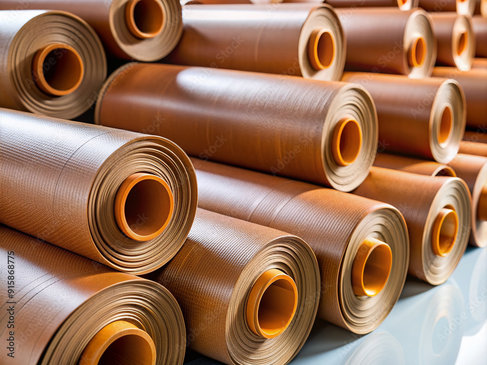 Coils of brown vinyl rolls stacked horizontally in a neat arrangement ...