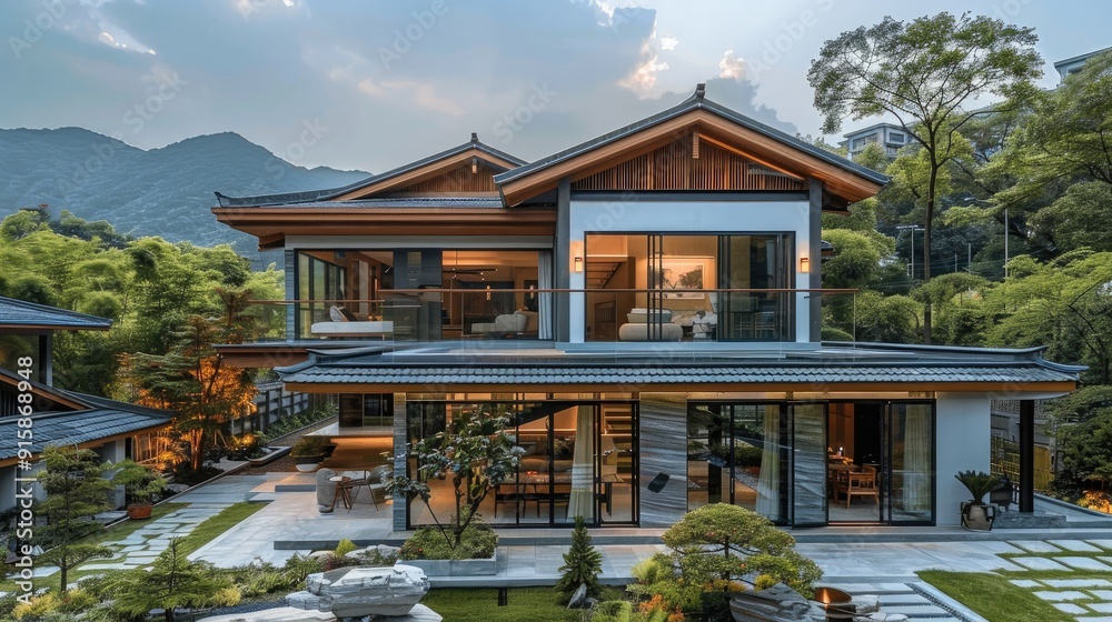 A Chinese style villa with wooden windows and doors, steel roof tiles ...